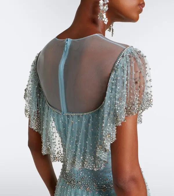 Costarellos Crystal-embellished Tiered Mesh Gown