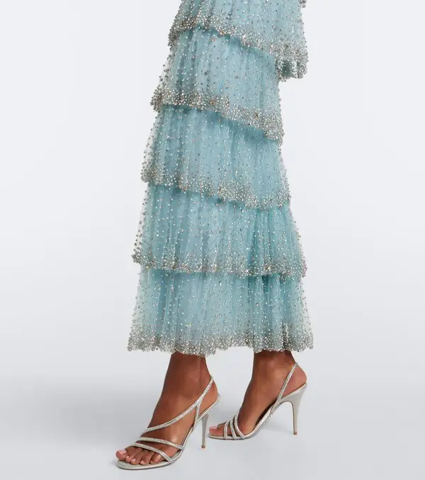 Costarellos Crystal-embellished Tiered Mesh Gown