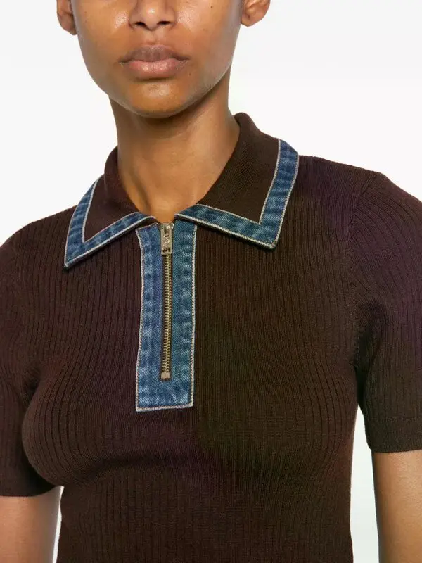 Sandro Ribbed-knit Polo Top With Zip Detail