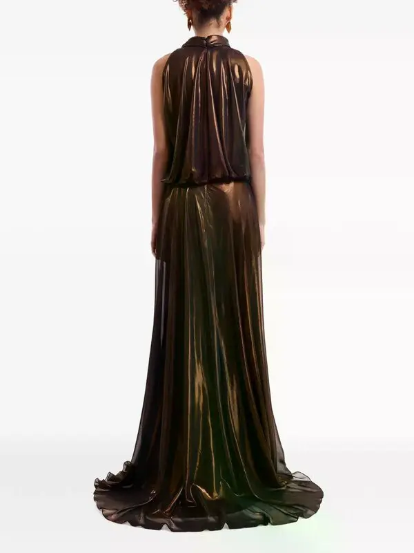 GEMY MAALOUF Metallic Halterneck Maxi Dress With Flower Detail