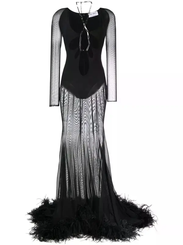 Attico Karen Cut-out Feather-trim Dress - Black
