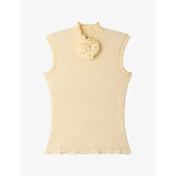 Sandro Flower-detail Smocked Stretch-woven Top - Vanilla