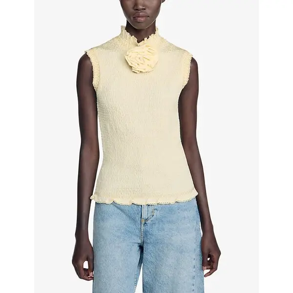 Sandro Flower-detail Smocked Stretch-woven Top