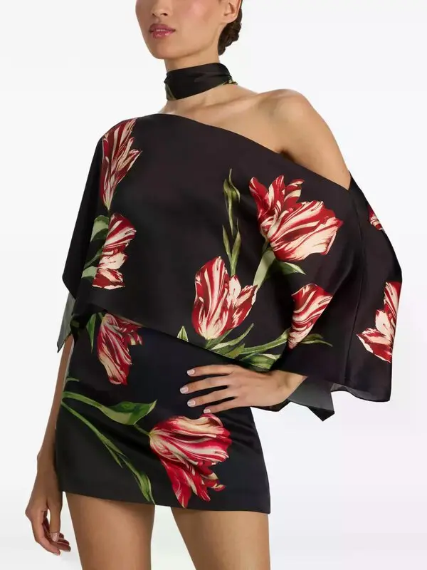 Alice + Olivia Rita One-shoulder Blouse With Tulip Print And Cape-style Sleeve