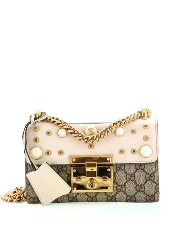 Gucci Pearly Padlock Shoulder Bag Gg Coated Canvas Studded Leather Small Crossbody Bag - Neutrals