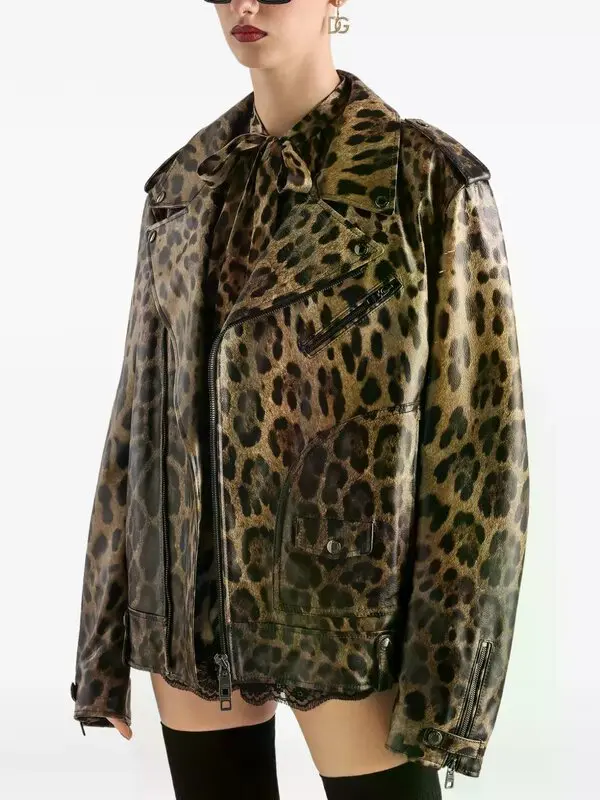 Dolce & Gabbana Leopard Print Leather Biker Jacket