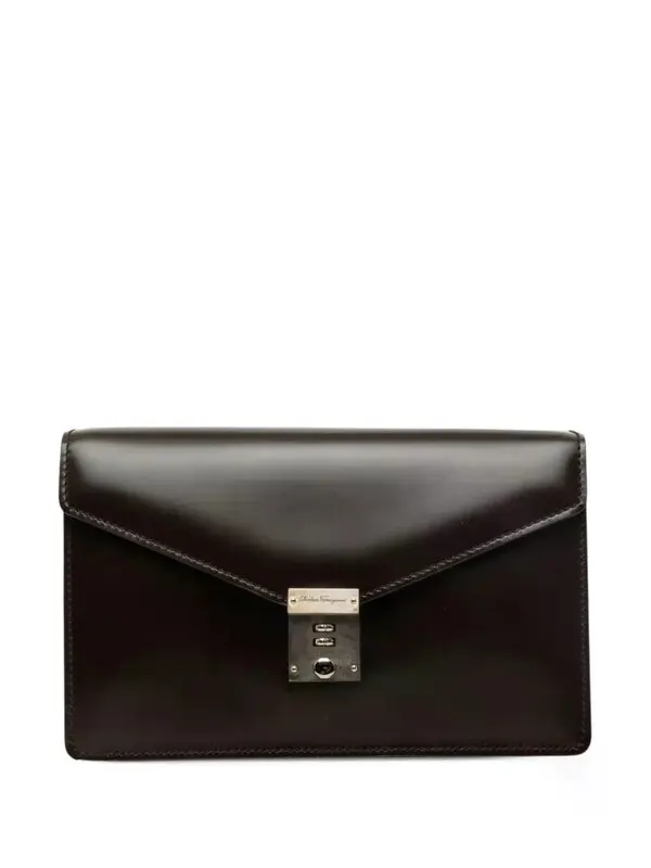 FERRAGAMO 2010-2026 Leather Dial Lock Clutch Bag - Brown