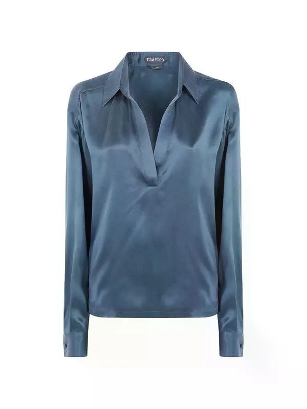 TOM FORD Silk Satin Polo With Embroidered Logo - Blue