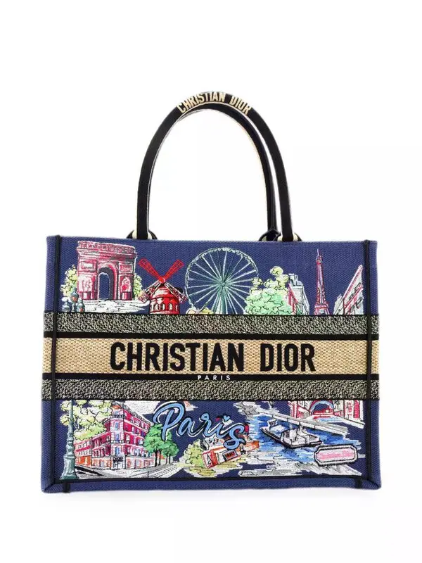 Dior Book Embroidered Raffia Medium Tote Bag