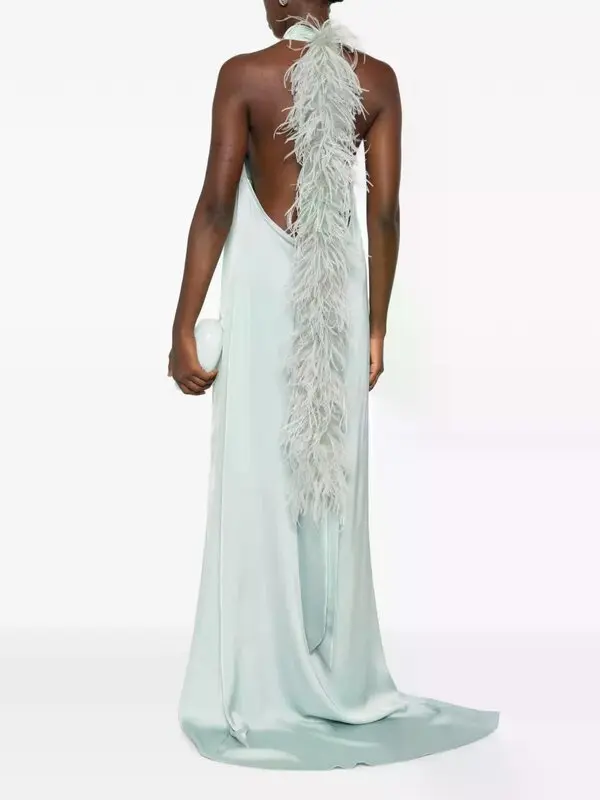 THE ARCHIVIA Riviera Feather-trim Halterneck Maxi Dress