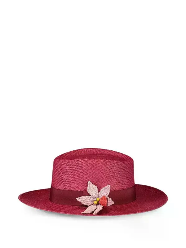 AMOR Y MEZCAL Wide Brim Straw Hat With Floral Appliqu