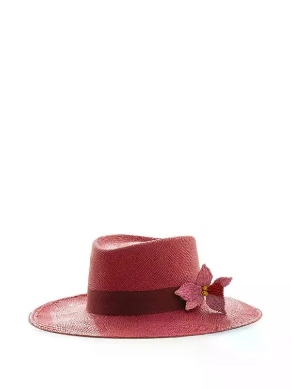AMOR Y MEZCAL Wide Brim Straw Hat With Floral Appliqu