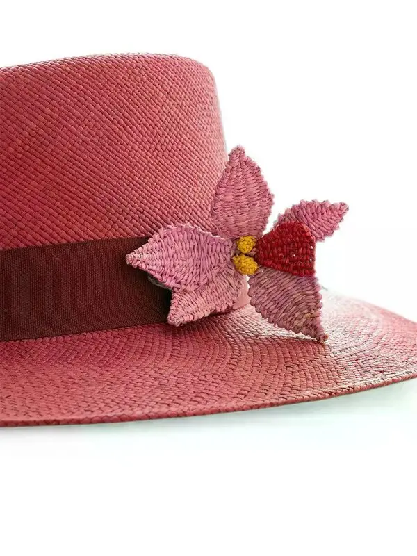 AMOR Y MEZCAL Wide Brim Straw Hat With Floral Appliqu