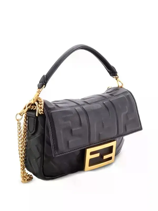 Fendi Baguette Nm Bag Zucca Embossed Leather Mini Crossbody Bag - Black