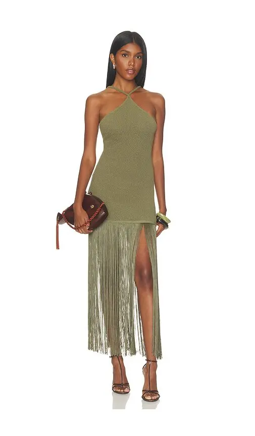 LOVERS AND FRIENDS Alia Halter Fringe Dress - Olive