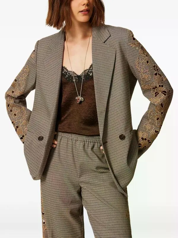 TWINSET Houndstooth Blazer With Floral Embroidery