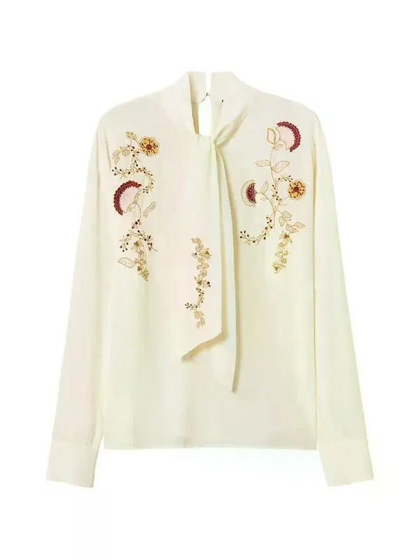 TWINSET Crêpe De Chine Blouse With Floral Embroidery And Pussy Bow - Neutrals