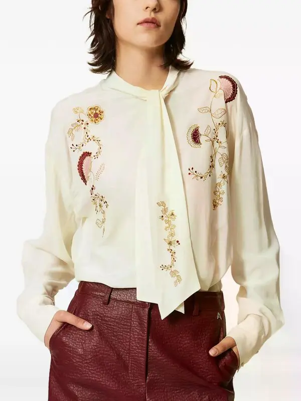 TWINSET Crêpe De Chine Blouse With Floral Embroidery And Pussy Bow