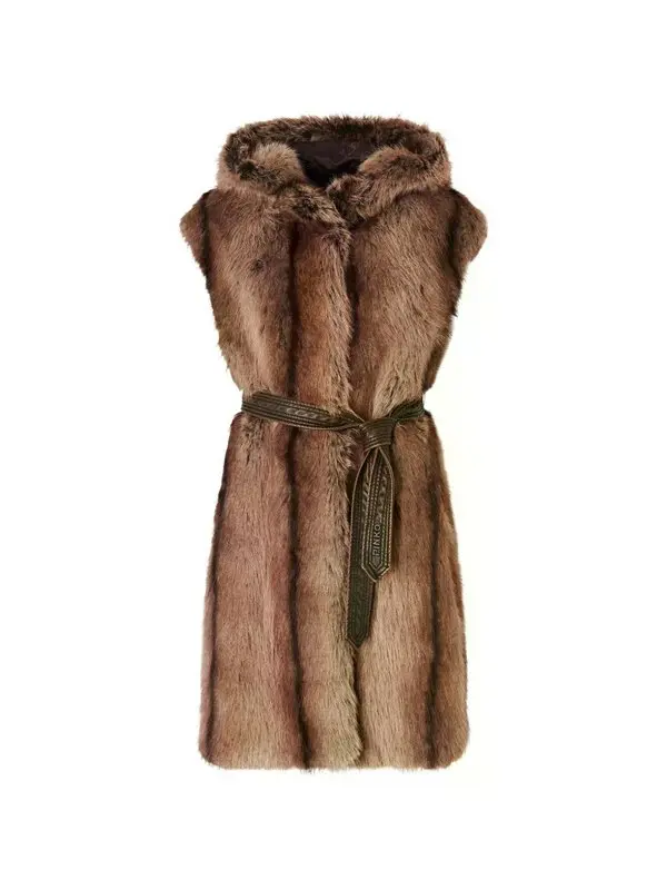 Pinko Hooded Sleeveless Faux Fur Coat - Brown