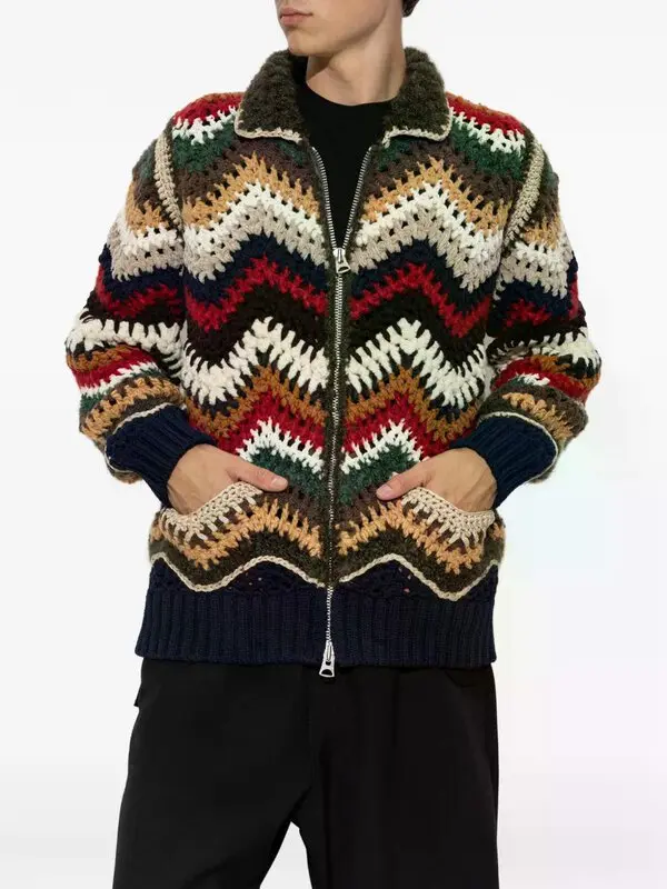 Sacai Crochet-knit Chevron-pattern Cardigan