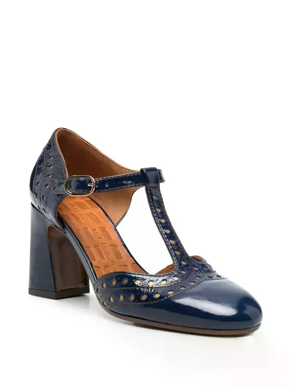 Chie Mihara Navy Patent Perforated T-bar Heeled Pumps - Blue
