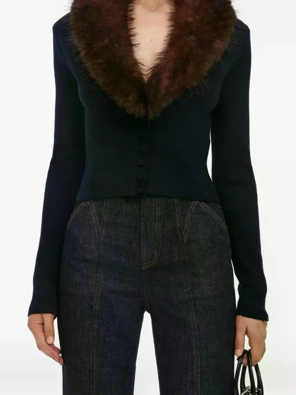 SELF-PORTRAIT Faux-fur Trimmed Knit Cardigan - Blue