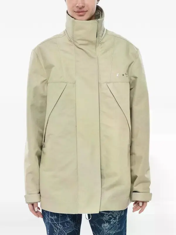 Off-White High Neck Zip-up Jacket With Silver-tone Logo Plaque - Neutrals