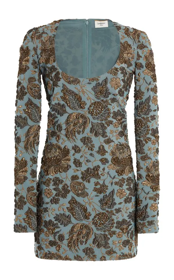 Saint Laurent Floral Stretch-brocade Mini Dress - Blue