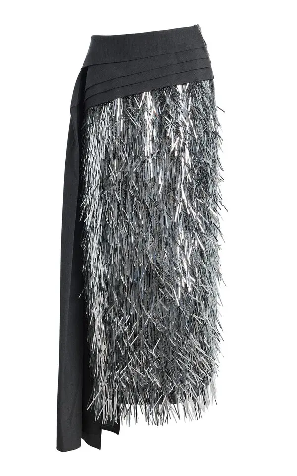 CHORUS Embellished Silk Midi Skirt - Silver