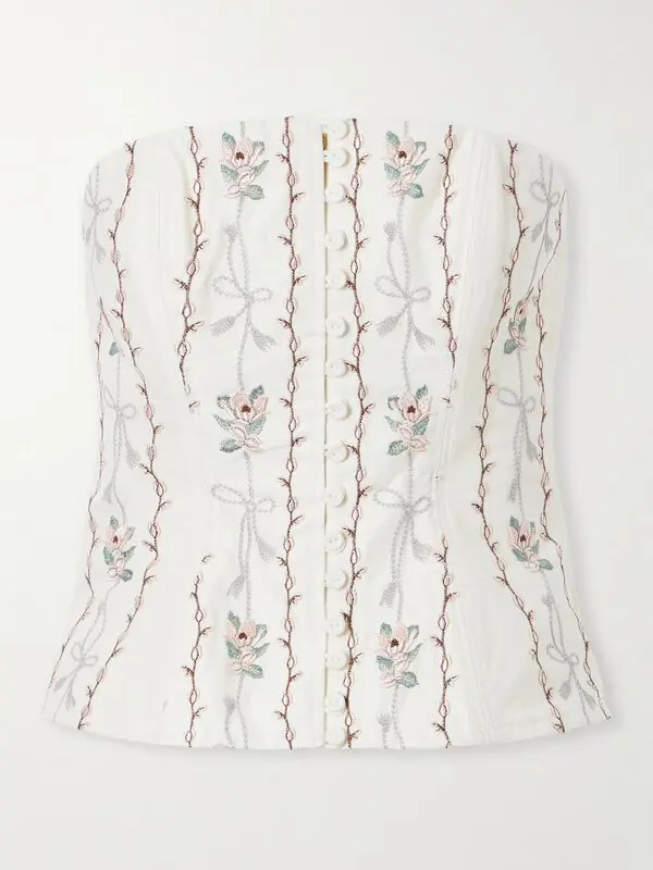 Agua Bendita Abelia Navegante Floral-embroidered Linen Corset Top - Neutrals