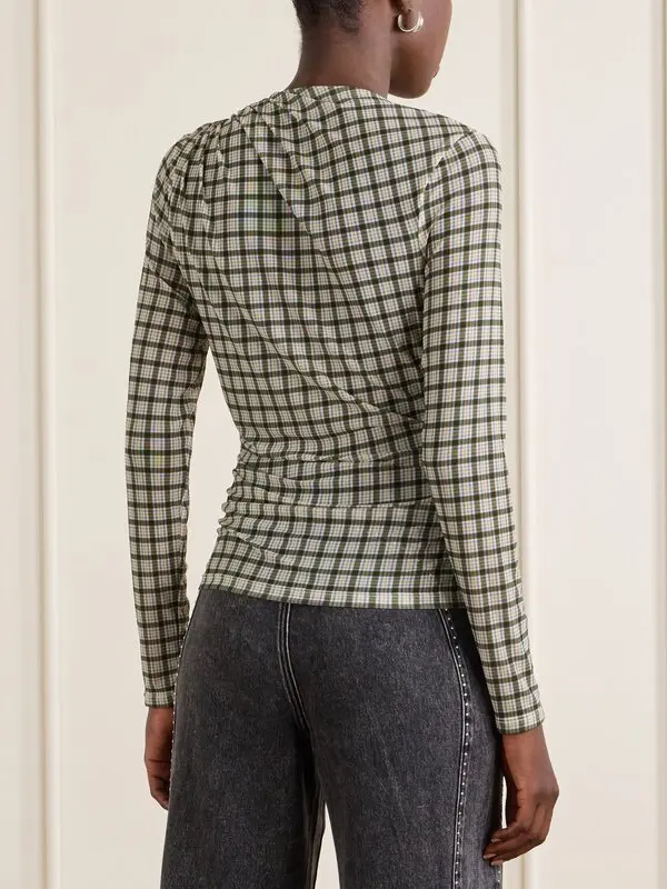 Veronica Beard Nuvina Gathered Checked Stretch-mesh Blouse