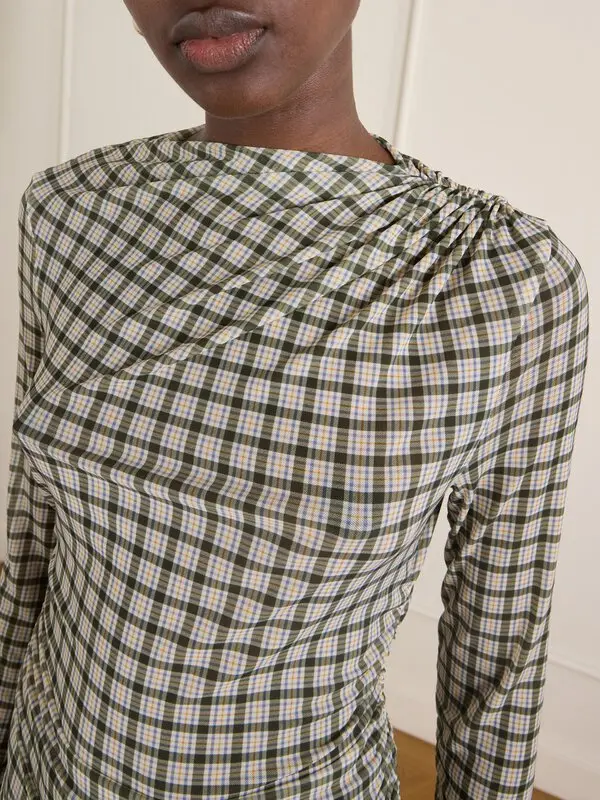 Veronica Beard Nuvina Gathered Checked Stretch-mesh Blouse