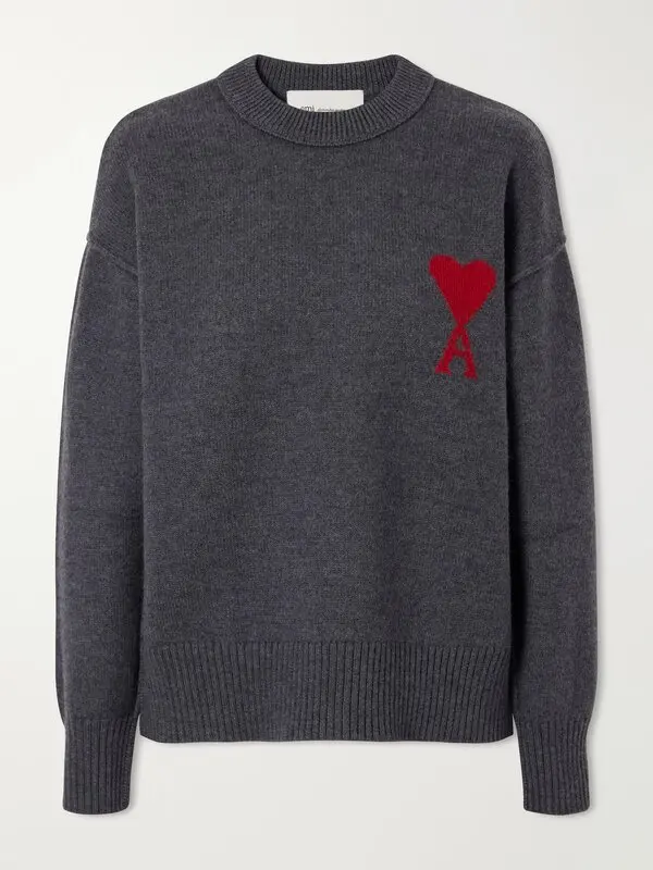AMI Paris Adc Intarsia Wool Sweater - Gray