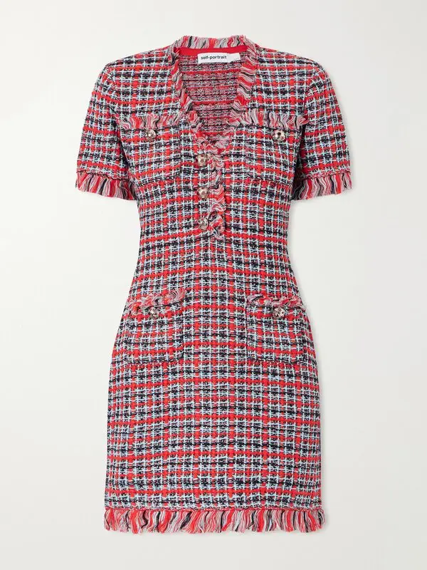 SELF-PORTRAIT Checked Frayed Cotton-blend Mini Dress - Red
