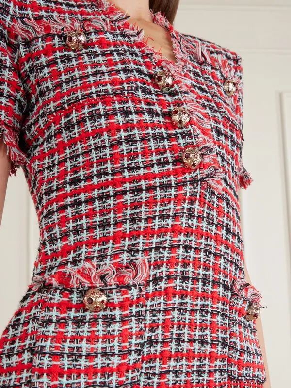 SELF-PORTRAIT Checked Frayed Cotton-blend Mini Dress