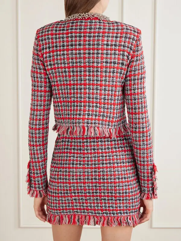 SELF-PORTRAIT Embellished Cotton And Wool-blend Bouclé-knit Frayed Jacket