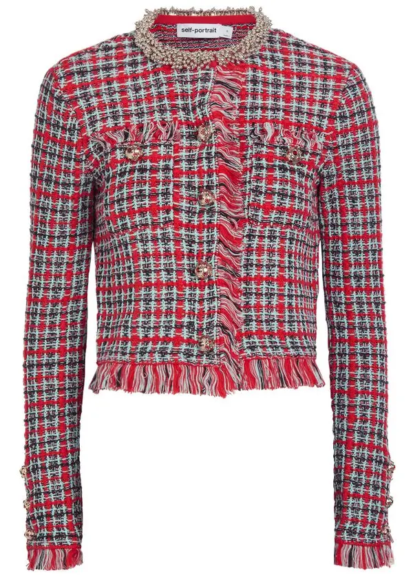 SELF-PORTRAIT Checked-knit Cotton-blend Jacket