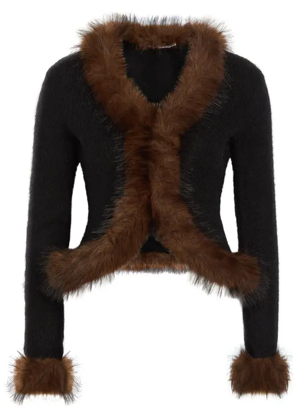 SELF-PORTRAIT Faux Fur Trimmed V-neck Cardigan - Black