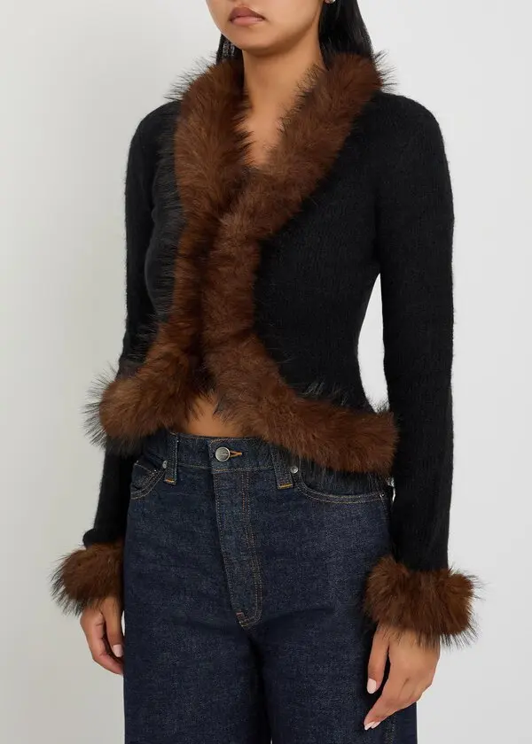 SELF-PORTRAIT Faux Fur Trimmed V-neck Cardigan - Black
