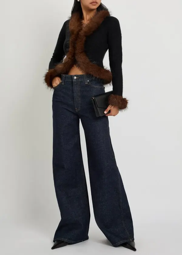 SELF-PORTRAIT Faux Fur Trimmed V-neck Cardigan - Black