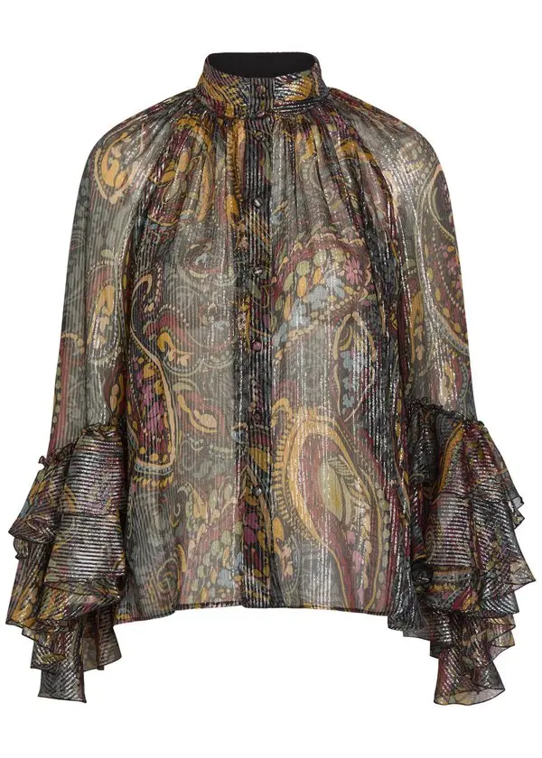 Etro Printed Metallic Silk Shirt With Ruffled Cuffs