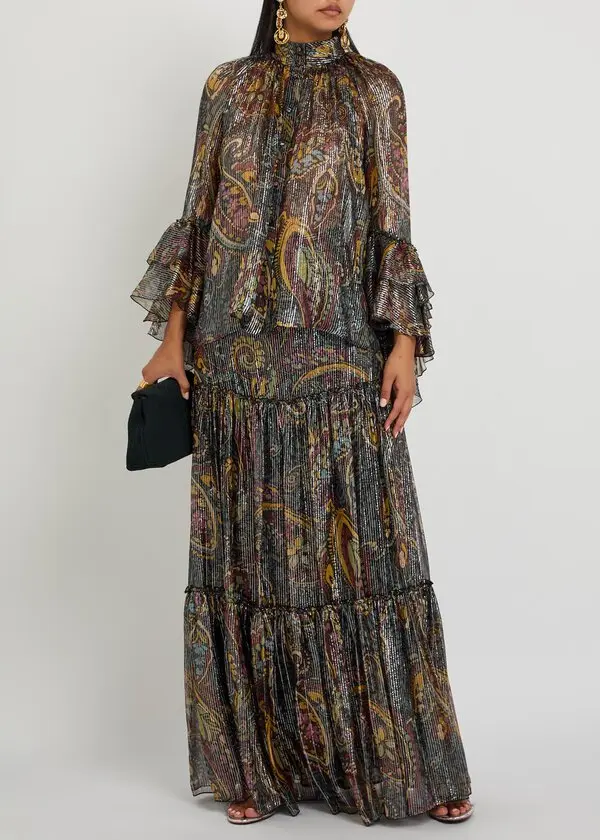 Etro Printed Metallic Silk Shirt With Ruffled Cuffs