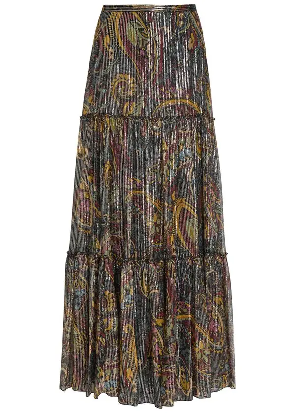 Etro Printed Tiered Metallic Silk Midi Skirt