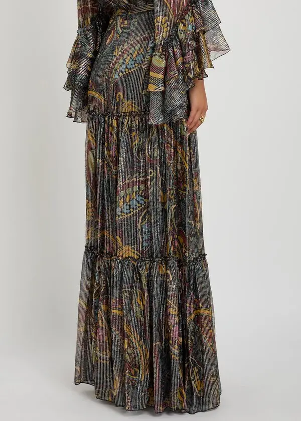 Etro Printed Tiered Metallic Silk Midi Skirt