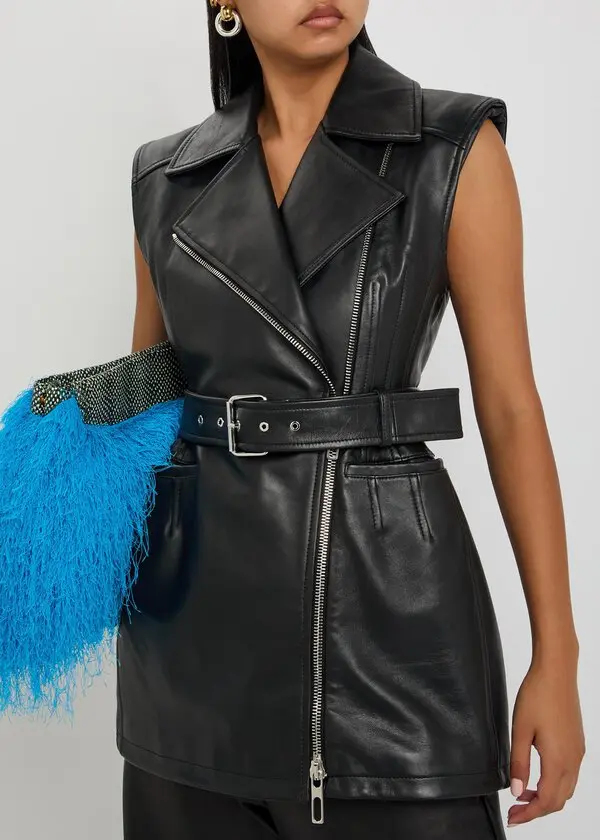 Sportmax Belted Leather Biker Vest Jacket