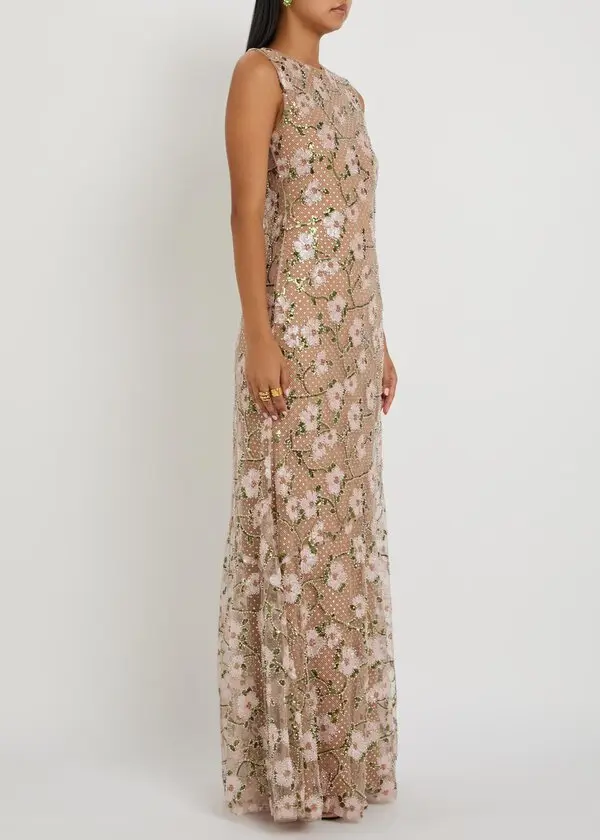 SELF-PORTRAIT Floral Crystal-embellished Tulle Maxi Dress