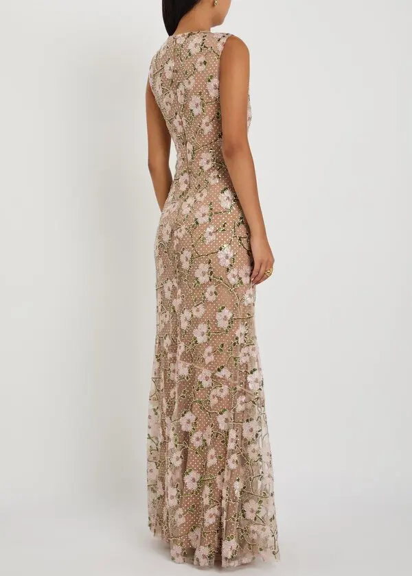 SELF-PORTRAIT Floral Crystal-embellished Tulle Maxi Dress