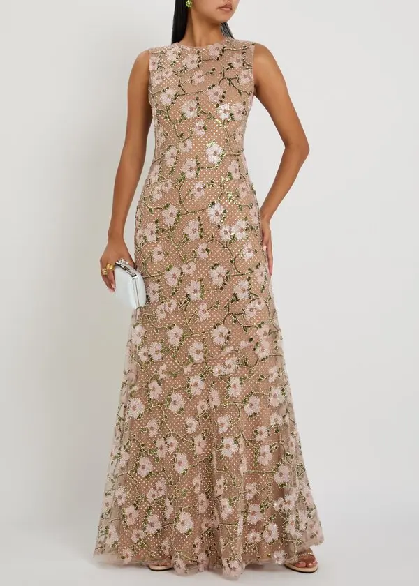 SELF-PORTRAIT Floral Crystal-embellished Tulle Maxi Dress