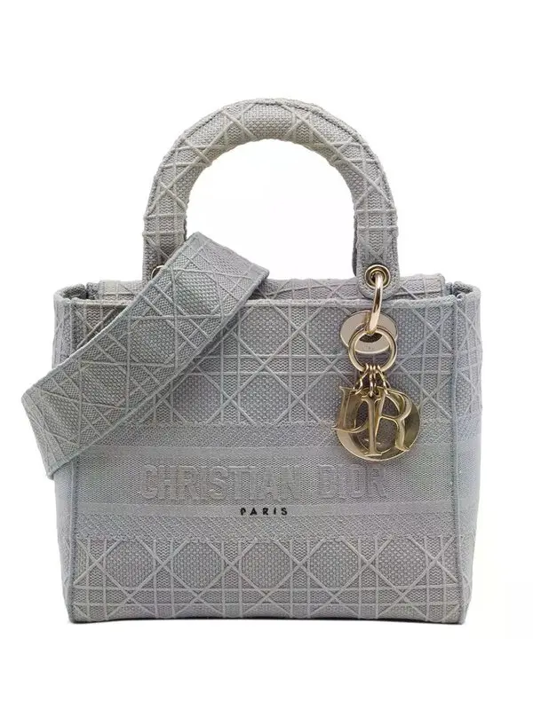 Dior 2020 Medium Embroidered Canvas Cannage Lady D Lite Satchel - Grey