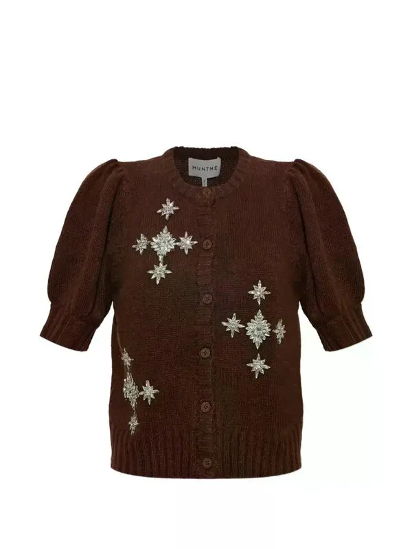 Munthe Crystal Embellished Puff Sleeve Cardigan - Brown
